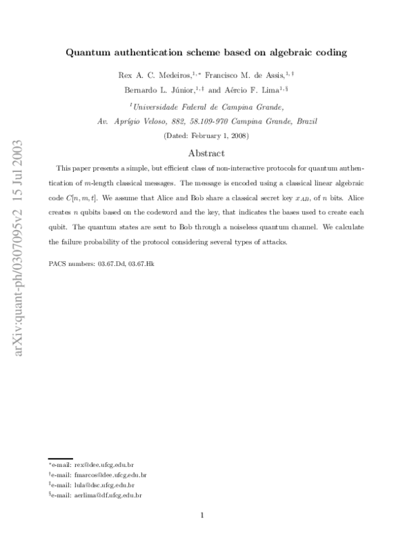 (PDF) Quantum authentication scheme based on algebraic coding