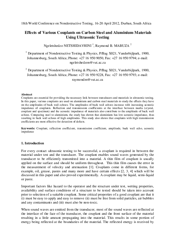 (PDF) Effects of Various Couplants on Carbon Steel and Aluminium ...