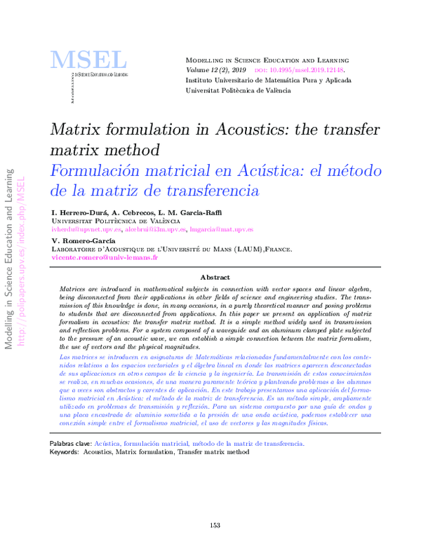 (PDF) Matrix formulation in Acoustics: The transfer matrix method