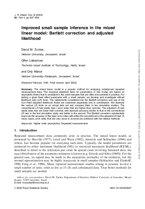 (PDF) Improved Small Sample Inference in the Mixed Linear Model: Bartlett Correction and ...