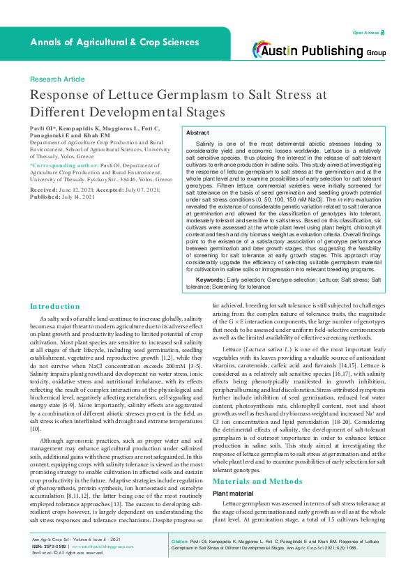(PDF) Response of lettuce germplasm under salt stress at different ...