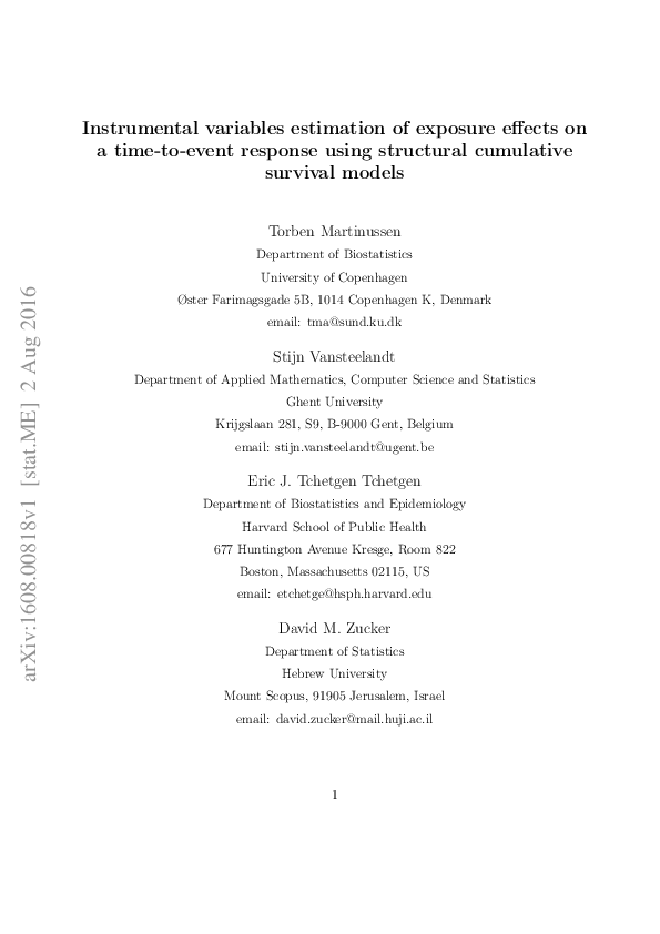 (PDF) Instrumental variables estimation of exposure effects on a time‐to‐event endpoint using ...
