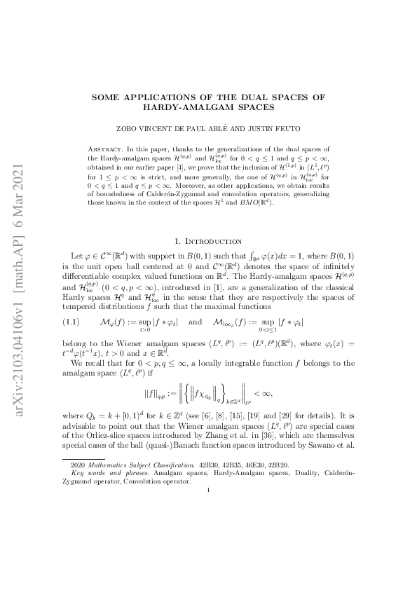 Pdf Some Applications Of The Dual Spaces Of Hardy Amalgam Spaces