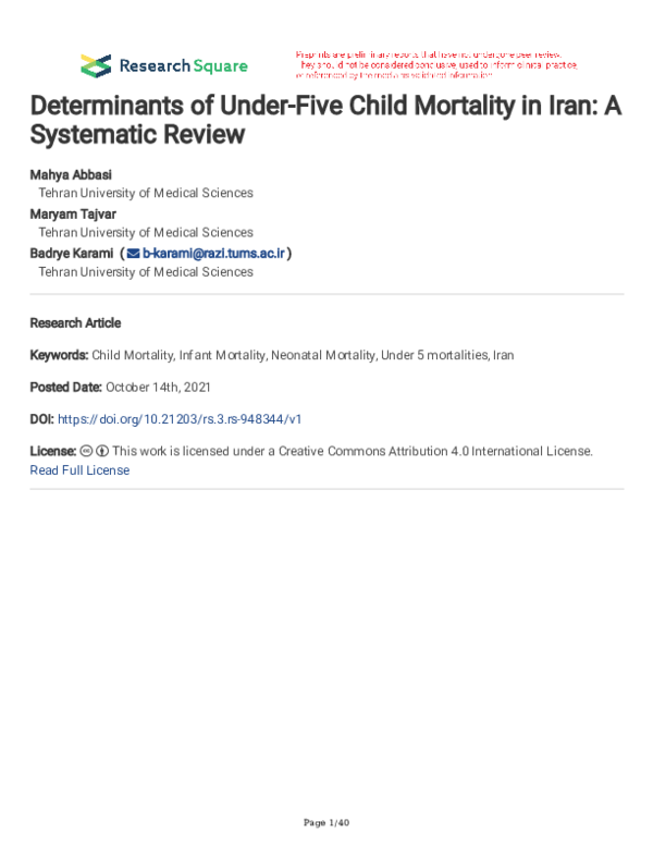 (PDF) Determinants of Under-Five Child Mortality in Iran: A Systematic Review