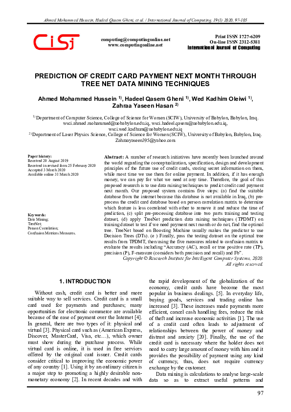 (PDF) Prediction of Credit Card Payment Next Month Through Tree Net Data Mining Techniques