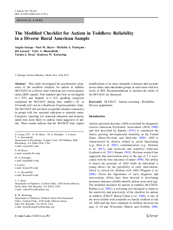 (PDF) The Modified Checklist for Autism in Toddlers: Reliability in a ...
