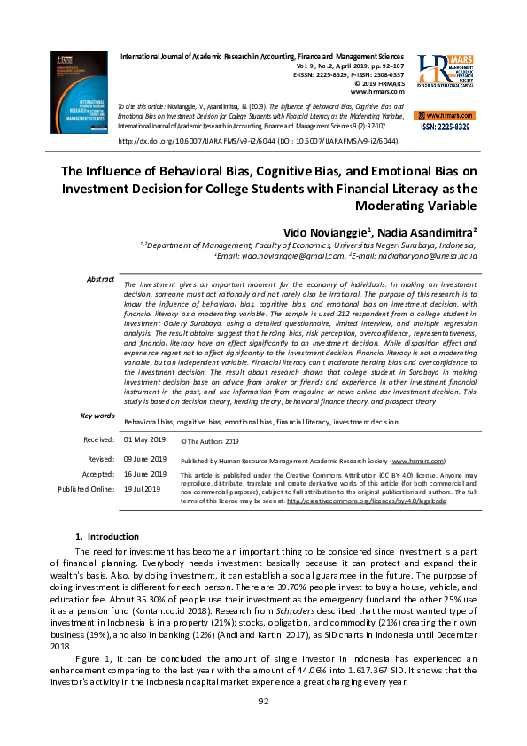 (PDF) The Influence of Behavioral Bias, Cognitive Bias, and Emotional Bias on Investment ...