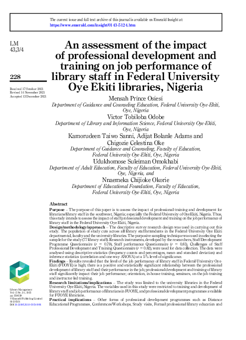 (PDF) An assessment of the impact of professional development and training on job performance of ...
