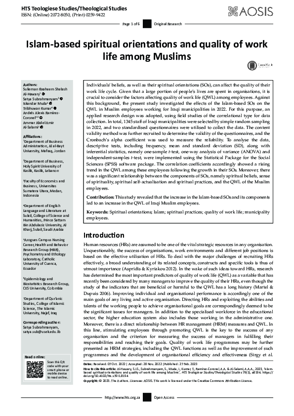 (PDF) Islam-based spiritual orientations and quality of work life among ...