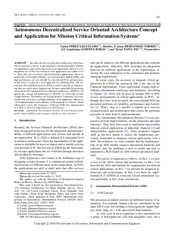 (PDF) Autonomous Decentralized Service Oriented Architecture Concept and Application for Mission ...
