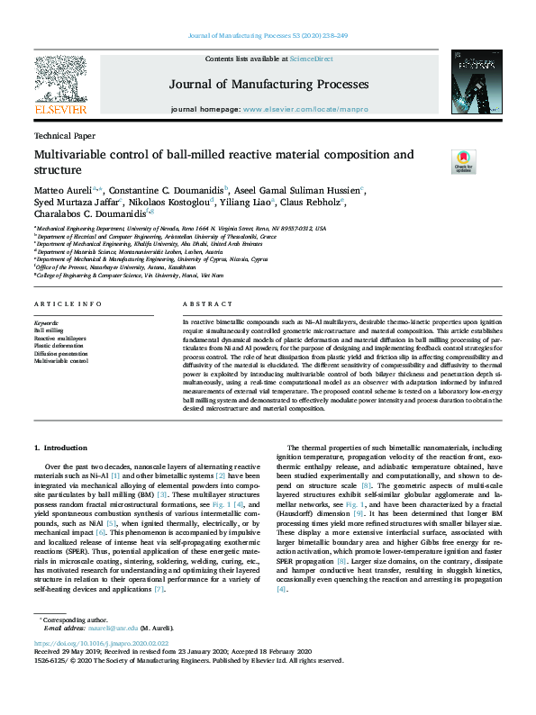 (PDF) Multivariable control of ball-milled reactive material ...