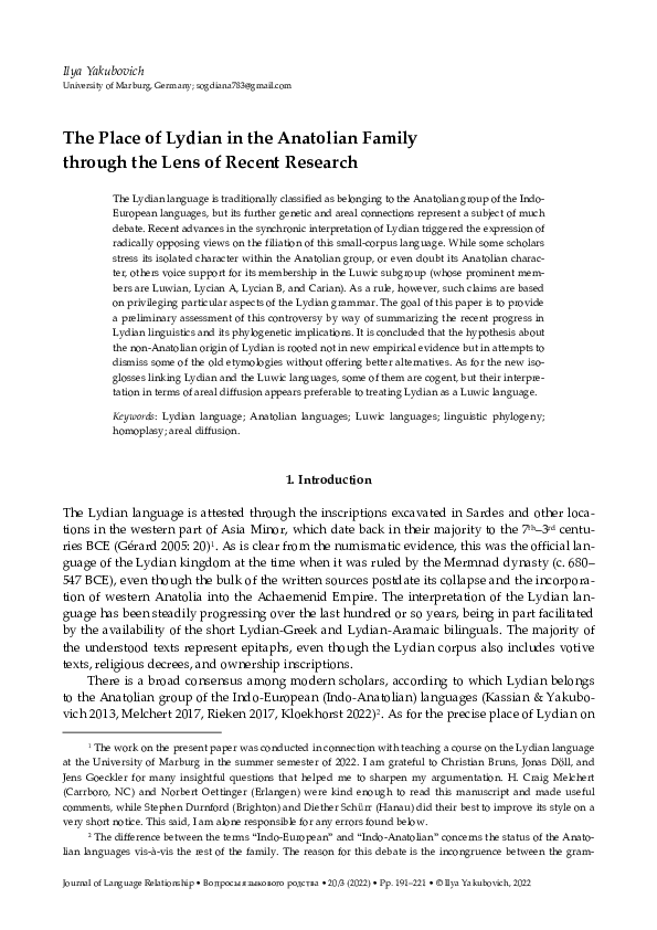 (PDF) The Place of Lydian in the Anatolian Family through the Lens of ...