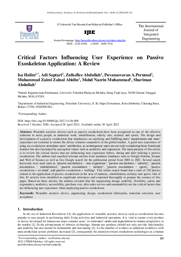 Pdf Critical Factors Influencing User Experience On Passive Exoskeleton Application A Review