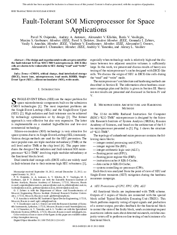 Pdf Fault Tolerant Soi Microprocessor For Space Applications