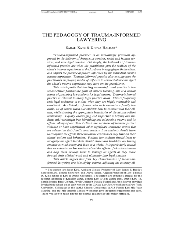 (PDF) The Pedagogy of Trauma-Informed Lawyering