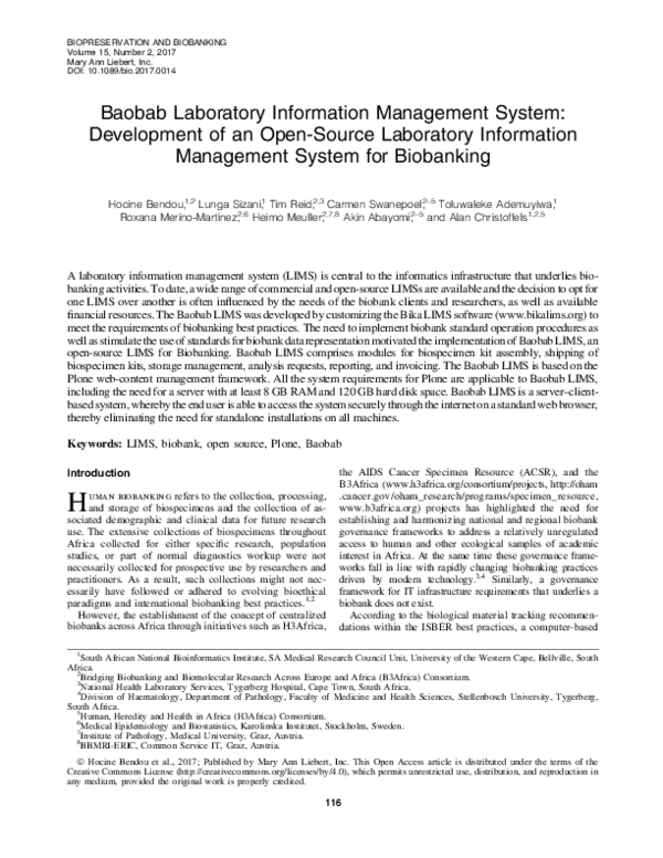 (PDF) Baobab Laboratory Information Management System: Development of an Open-Source Laboratory ...