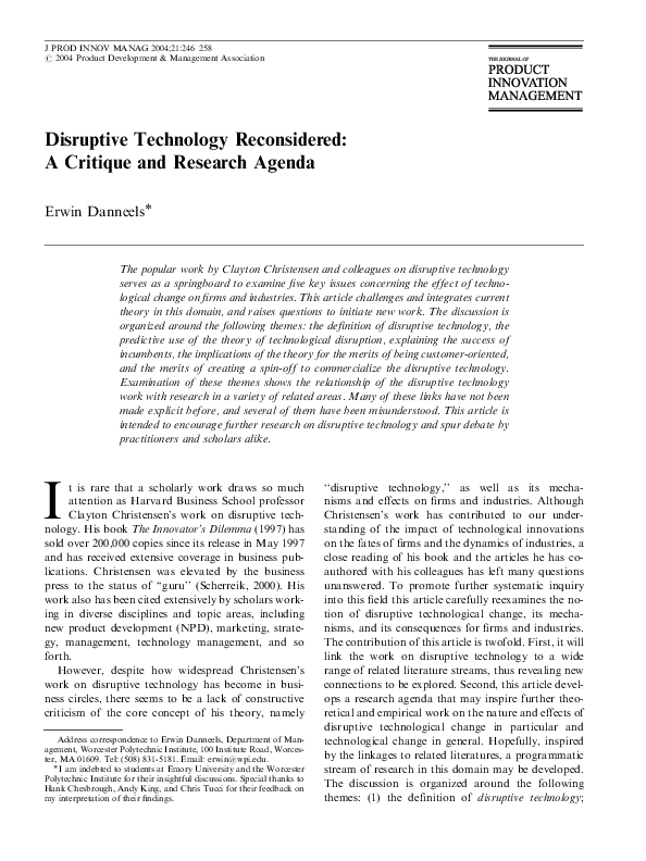 (PDF) Disruptive Technology Reconsidered: A Critique and Research Agenda