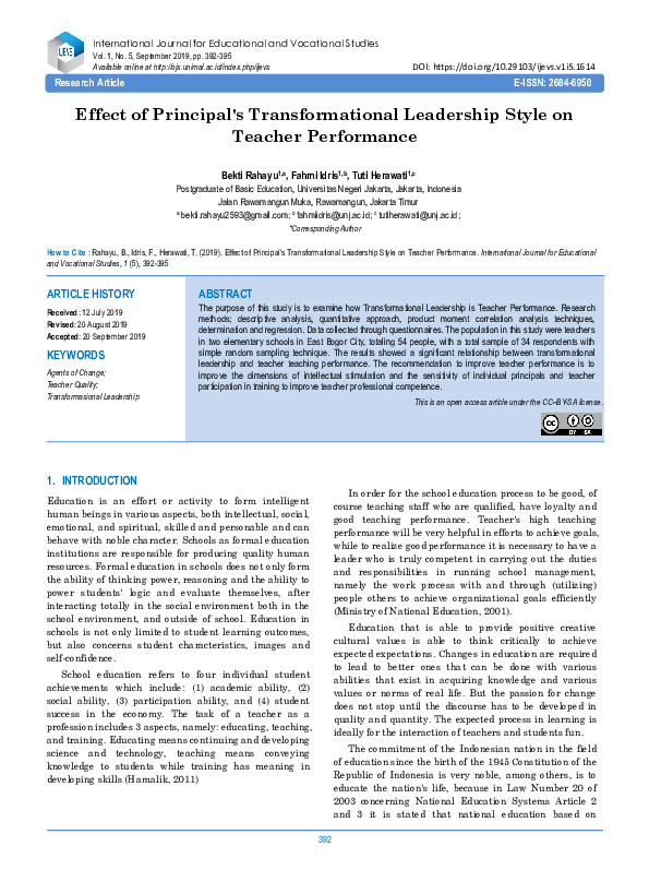 (PDF) Effect of Principal's Transformational Leadership Style on Teacher Performance