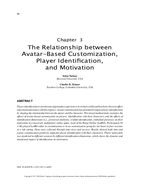 (PDF) The Relationship between Avatar-Based Customization, Player Identification, and Motivation