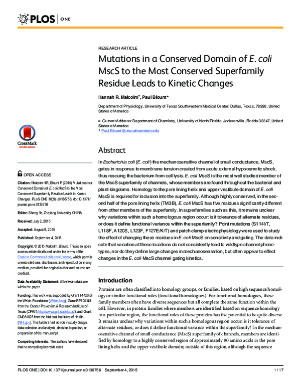 (PDF) Mutations in a Conserved Domain of E. coli MscS to the Most ...