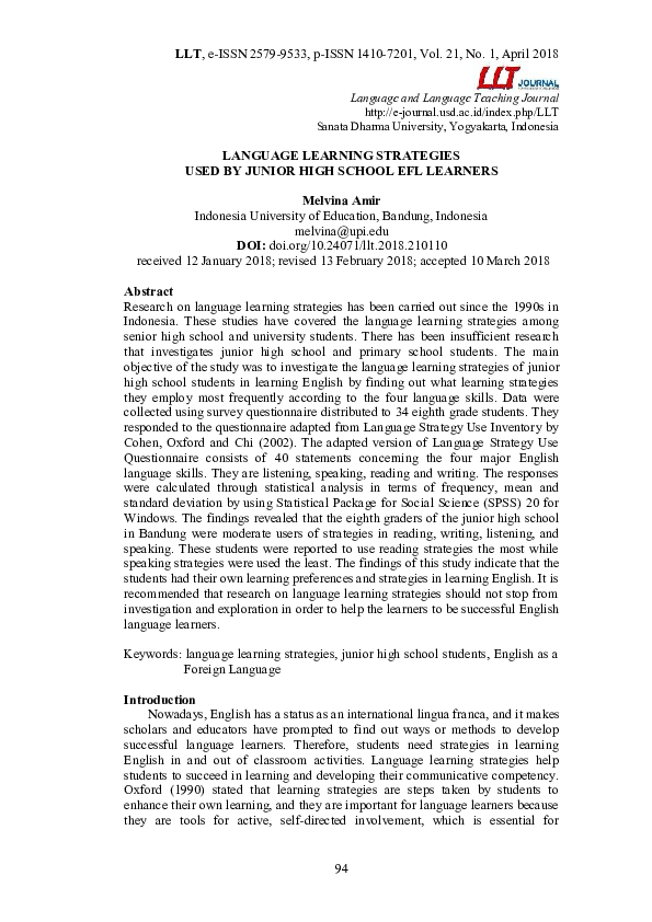 (PDF) Language Learning Strategies Used by Junior High School Efl Learners