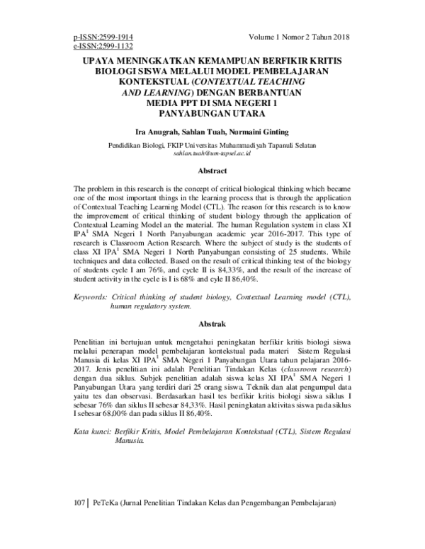 (PDF) Upaya Meningkatkan Kemampuan Berfikir Kritis Biologi Siswa Melalui Model Pembelajaran ...