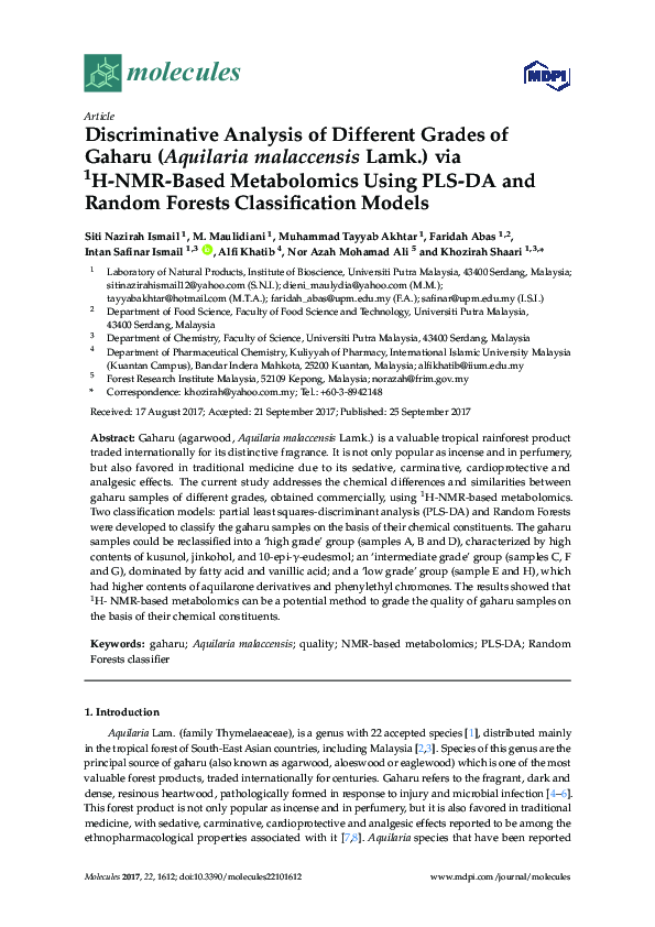 Pdf Discriminative Analysis Of Different Grades Of Gaharu Aquilaria Malaccensis Lamk Via 1h