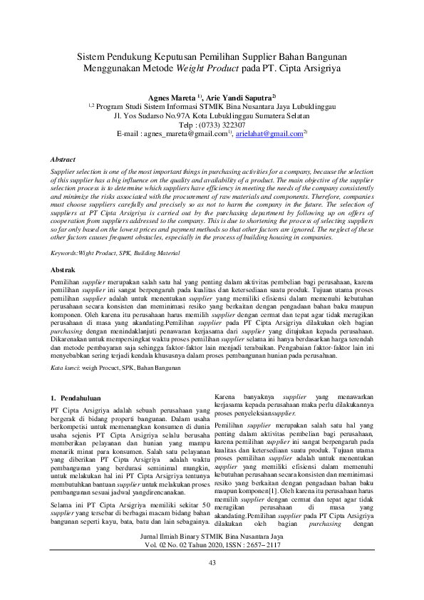 (PDF) Sistem Pendukung Keputusan Pemilihan Supplier Bahan Bangunan Menggunakan Metode Weight ...