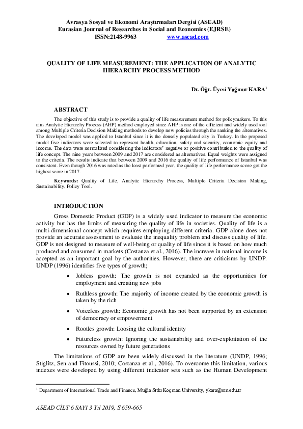 (PDF) Quality of Life Measurement: The Application of Analytic Hierarchy Process Method