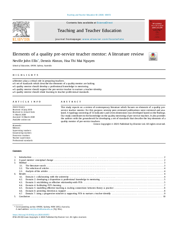 (PDF) Elements of a quality pre-service teacher mentor: A literature review