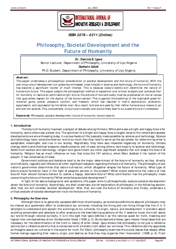 (PDF) Philosophy, Societal Development and the Future of Humanity