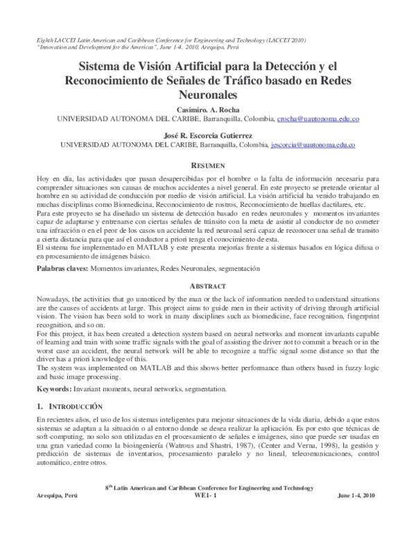 (PDF) Sistema de Visión Artificial para la Detección y el Reconocimiento de Señales de Tráfico ...