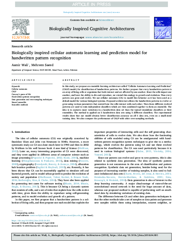 (PDF) Biologically inspired cellular automata learning and prediction model for handwritten ...