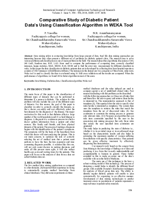 (PDF) Comparative Study of Diabetic Patient Data’s Using Classification Algorithm in WEKA Tool