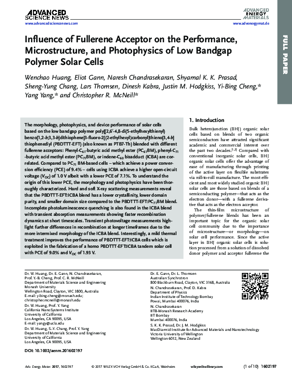 (PDF) Influence of Fullerene Acceptor on the Performance ...