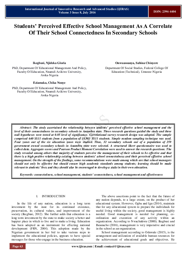 (PDF) Students' Perceived Effective School Management As A Correlate Of Their School ...