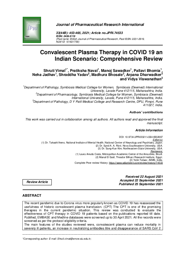 (PDF) Convalescent Plasma Therapy in COVID 19 an Indian Scenario ...