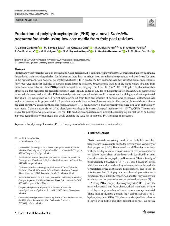 (PDF) Production of polyhydroxybutyrate (PHB) by a novel Klebsiella pneumoniae strain using low ...