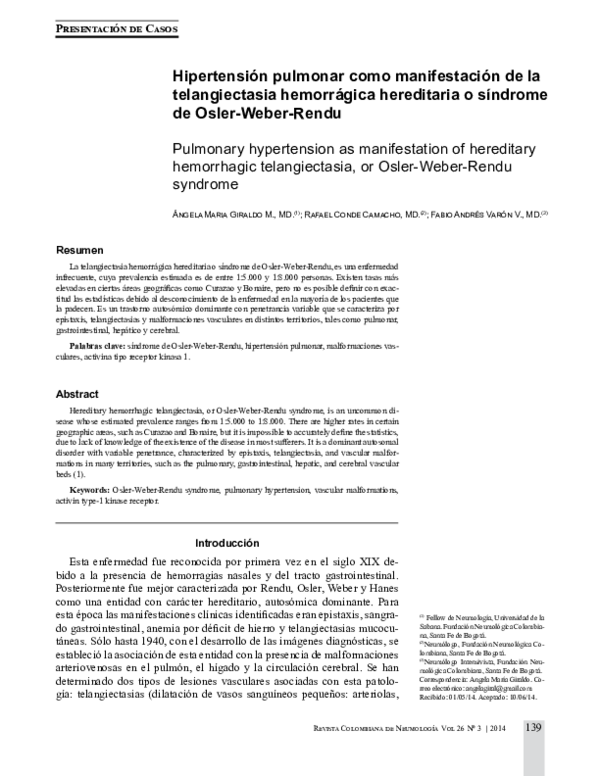 (PDF) Hipertensión pulmonar como manifestación de la telangiectasia ...