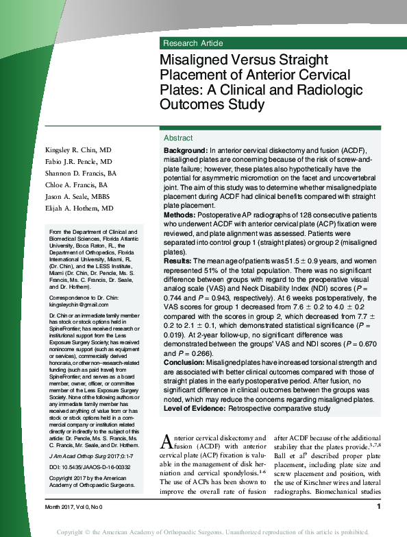 (PDF) Misaligned Versus Straight Placement of Anterior Cervical Plates