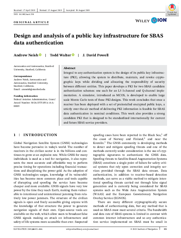 (PDF) Design and analysis of a public key infrastructure for SBAS data authentication