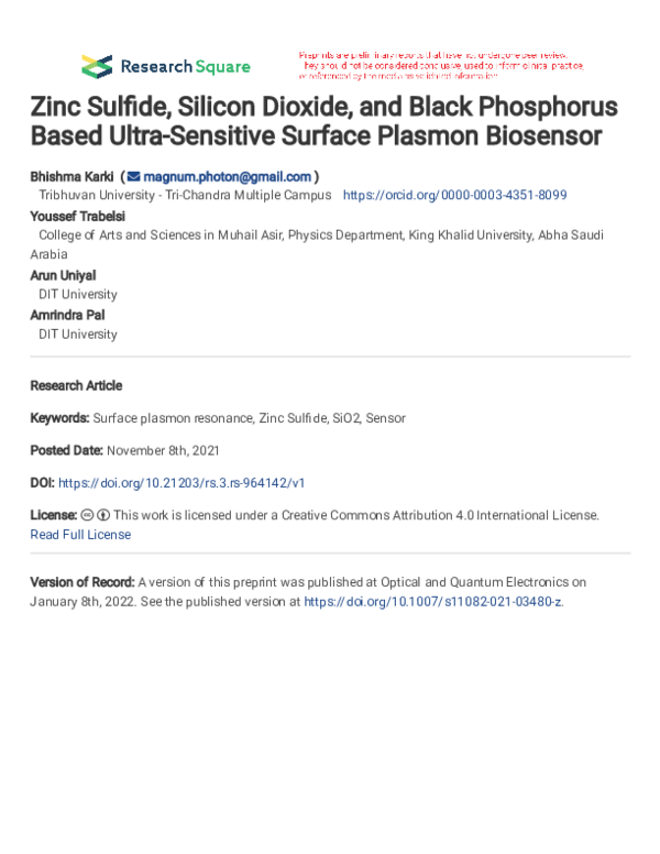 (PDF) Zinc Sulfide, Silicon Dioxide, and Black Phosphorus Based Ultra-Sensitive Surface Plasmon ...