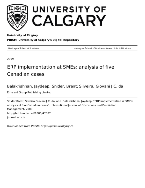 Pdf Erp Implementation At Smes Analysis Of Five Canadian Cases
