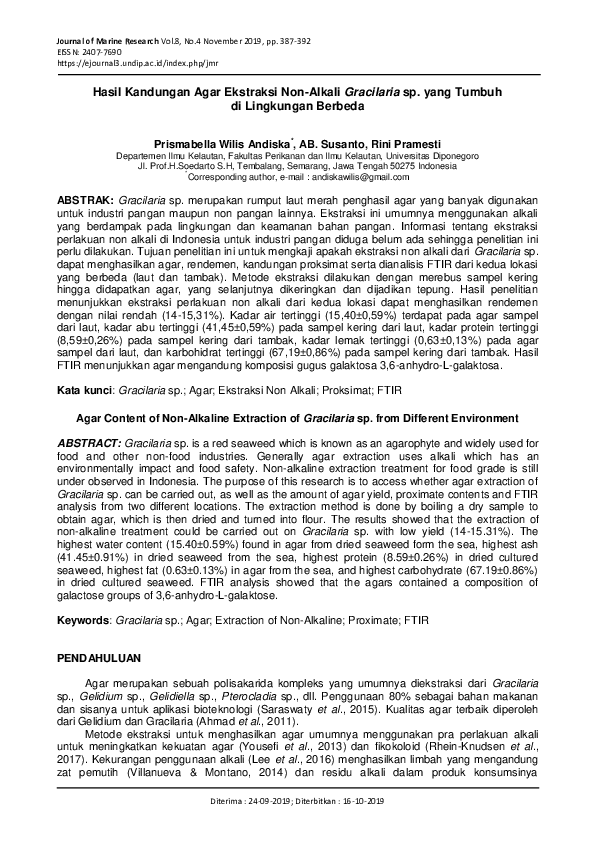 (PDF) Hasil Kandungan Agar Ekstraksi Non-Alkali Gracilaria sp. yang ...