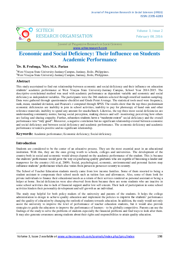 (PDF) Economic and Social Deficiency: Their Influence on Students ...