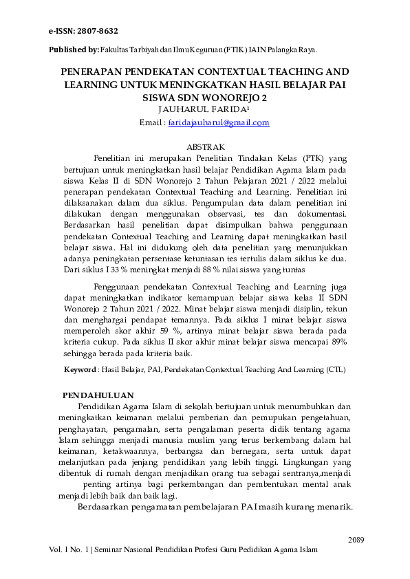 (PDF) Penerapan Pendekatan Contextual Teaching and Learning Untuk Meningkatkan Hasil Belajar Pai ...
