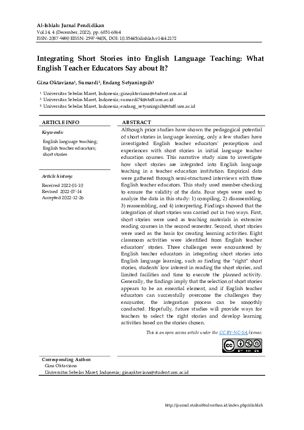 (PDF) Integrating Short Stories into English Language Teaching: What English Teacher Educators ...