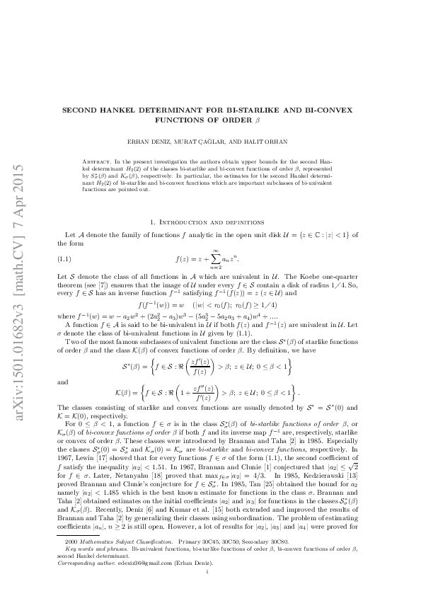 Pdf Second Hankel Determinant For Bi Starlike And Bi Convex Functions Of Order β