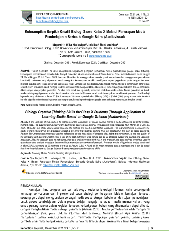(PDF) Keterampilan Berpikir Kreatif Biologi Siswa Kelas X Melalui Penerapan Media Pembelajaran ...