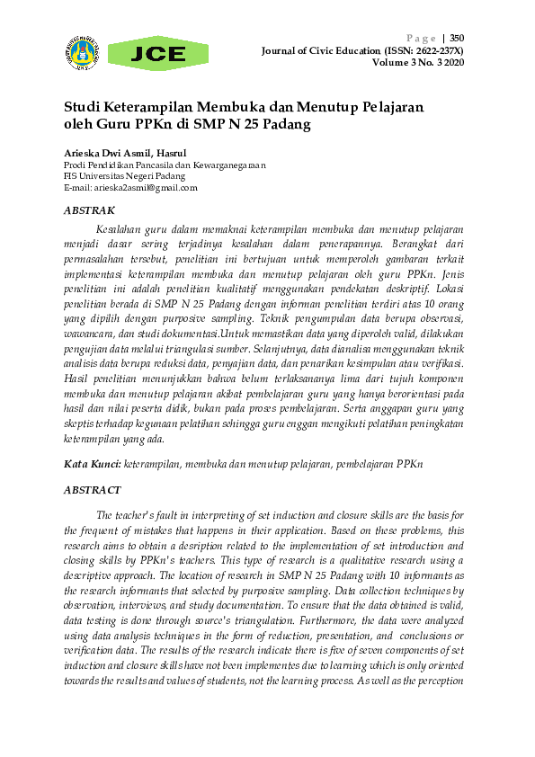 (PDF) Studi Keterampilan Membuka dan Menutup Pelajaran (Set Induction and Closure Skills) oleh ...